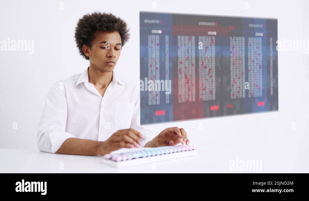 Male programmer typing code on holographic display, cutting edge technology Stock Video Footage ...