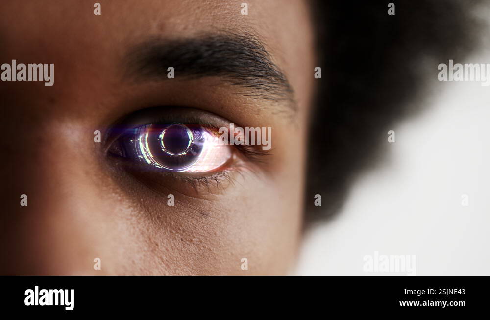 Close-up of human eye with holographic projection, artificial ...