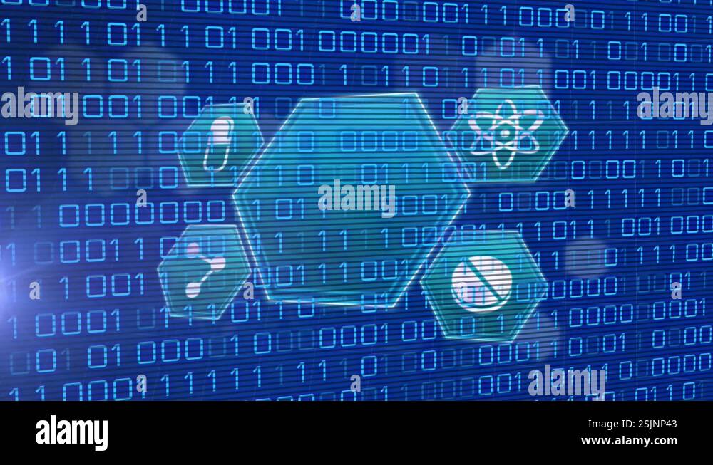 Animation of icon in hexagons over lens flares against falling binary ...
