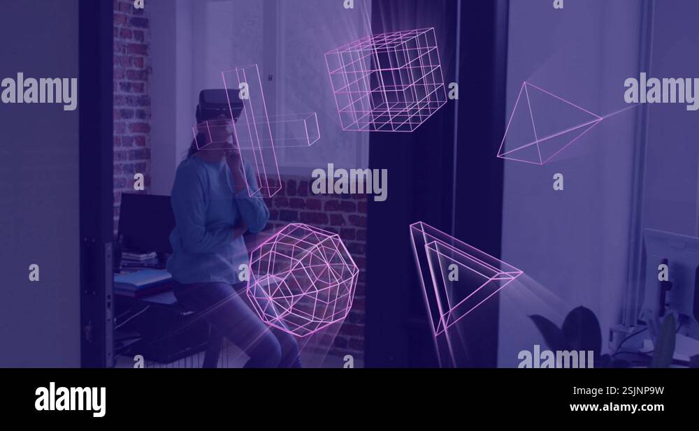 Animation of 3d shapes of data transfer over asian woman in vr headset ...