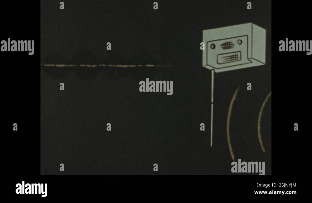 1950s: Animated sound waves reach antenna of radio. Woman in lab coat ...