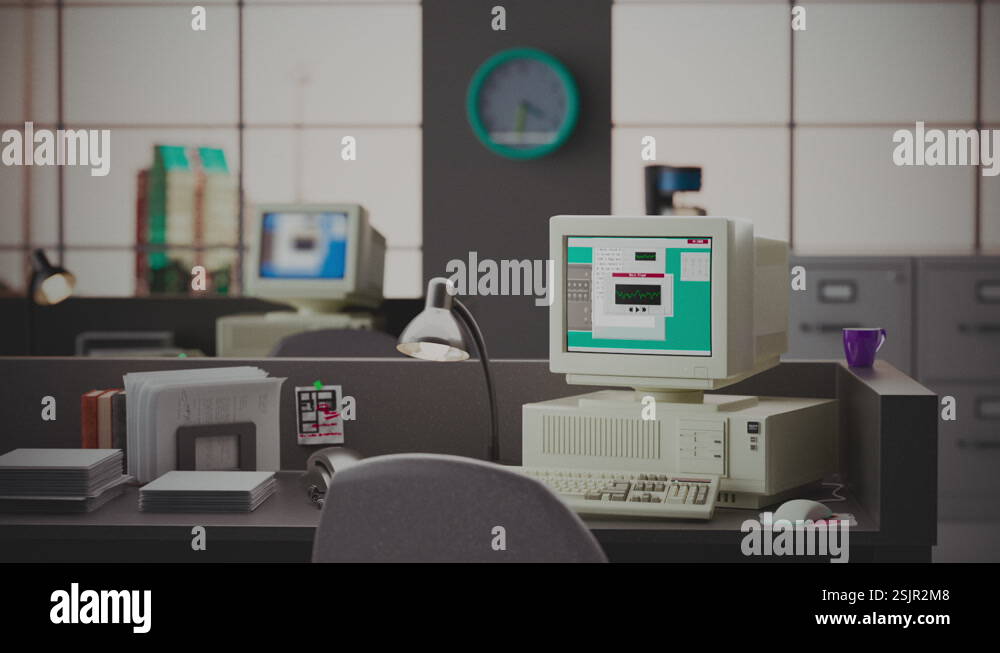 Corporate 90s office cubicle workspace with old computers - realistic ...