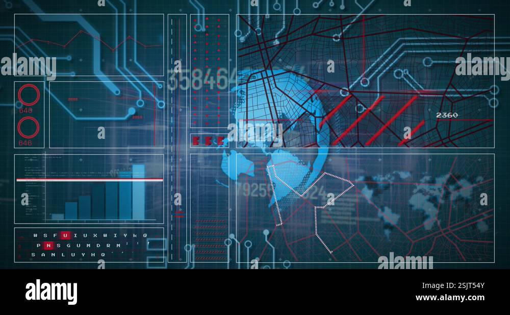 Animation of graph, map, changing numbers, map, circuit board pattern over globe Stock Video ...