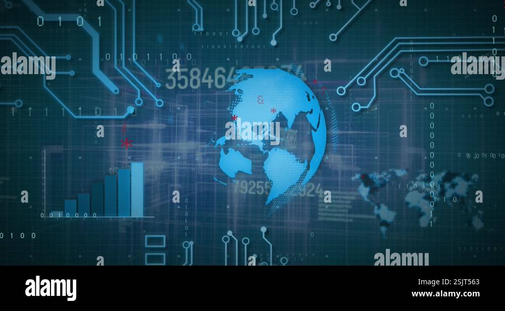 Animation of graph, map, changing numbers, map, circuit board pattern over globe Stock Video ...