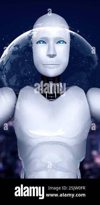 AI hominoid robot holding virtual hologram screen showing concept of big data analytic using ...