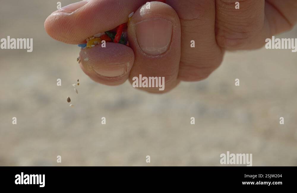 secondary microplastics in hands close up vertical video. plastic ...