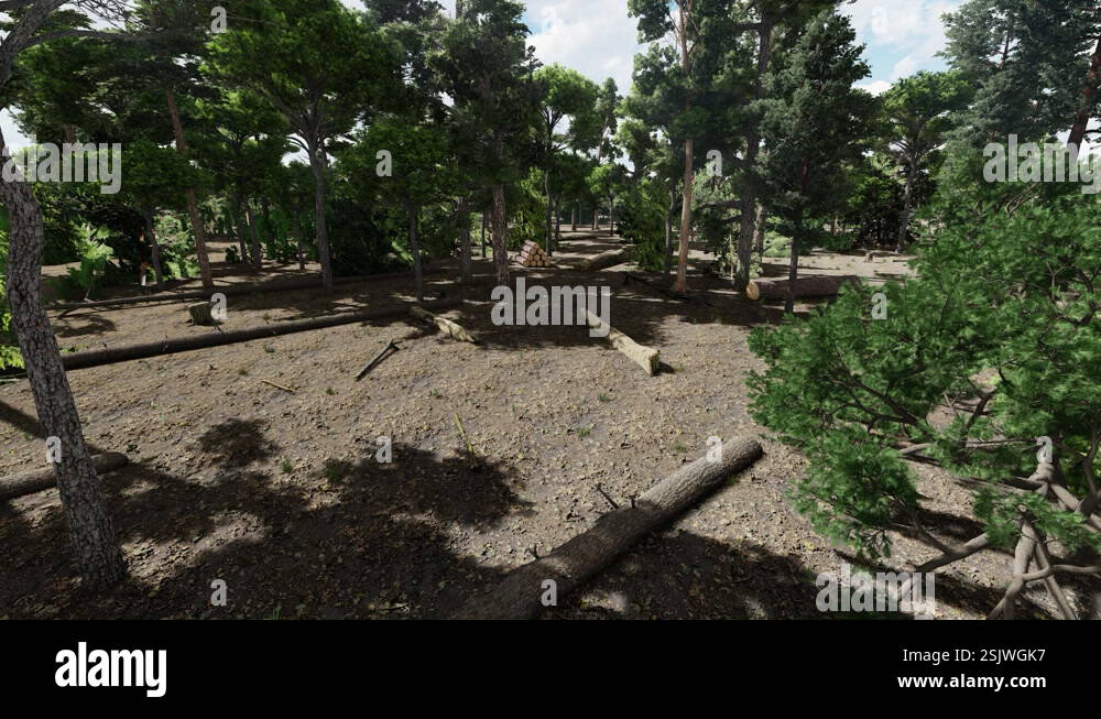 Pine tree forest, deforestation and cut down trees, camera rising for a ...