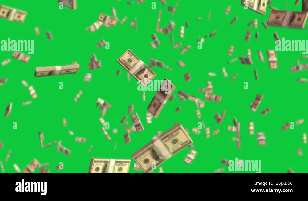 100 Dollar Bill Stacks Falling From Sky on Green Screen Background - 3D ...
