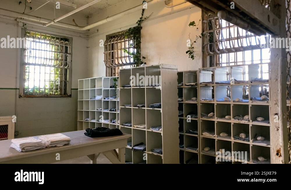 Entry area where inmates received their uniform at Alcatraz Prison, San ...