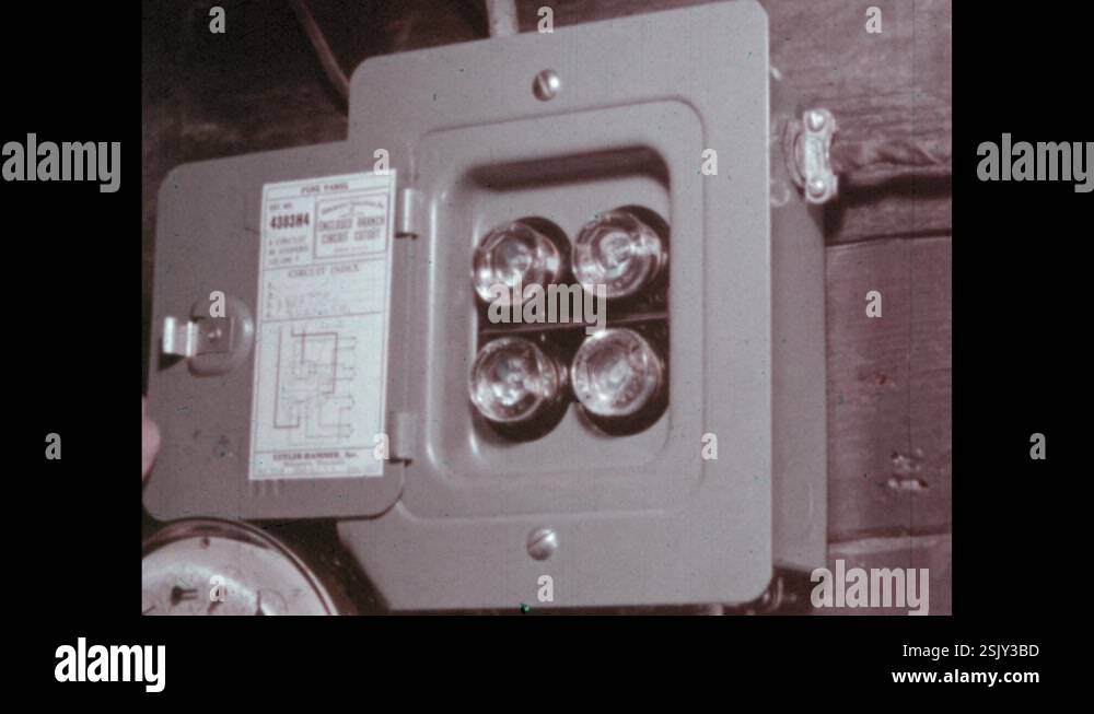 1950s: Man replaces fuse in fuse box. Smoke billows from wires in wall ...