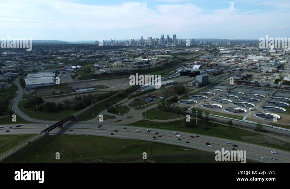 Calgary's industrial area with downtown in the background and highway ...
