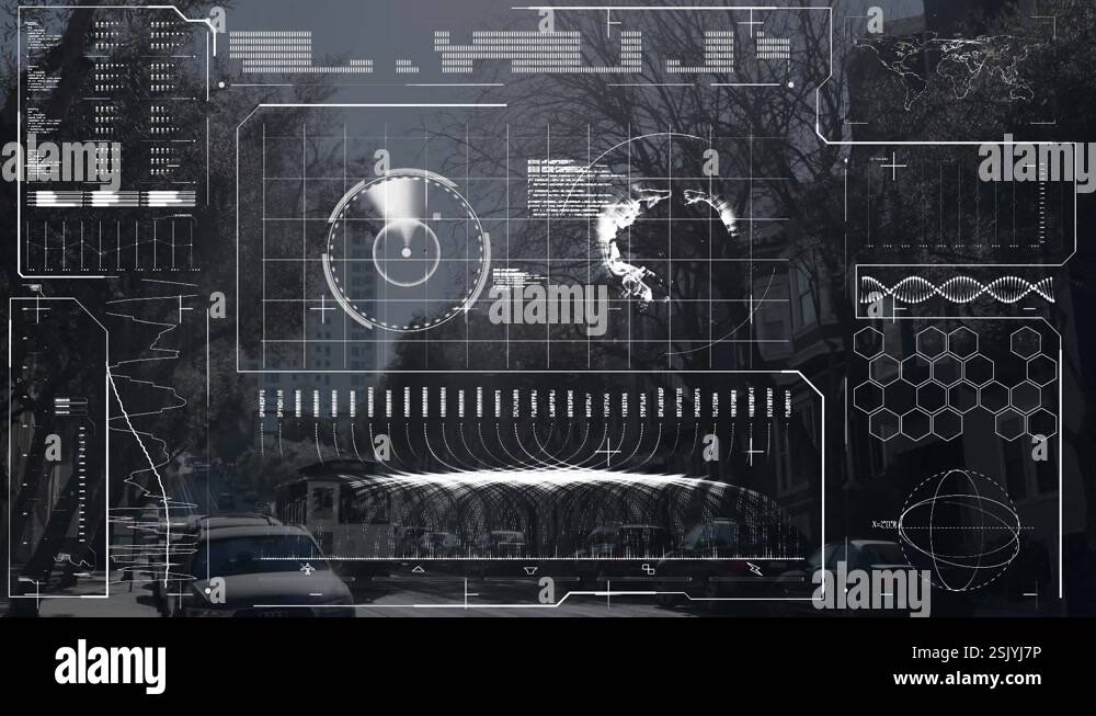 Animation of radar, loading bars, dna helix ang globe over tram moving ...