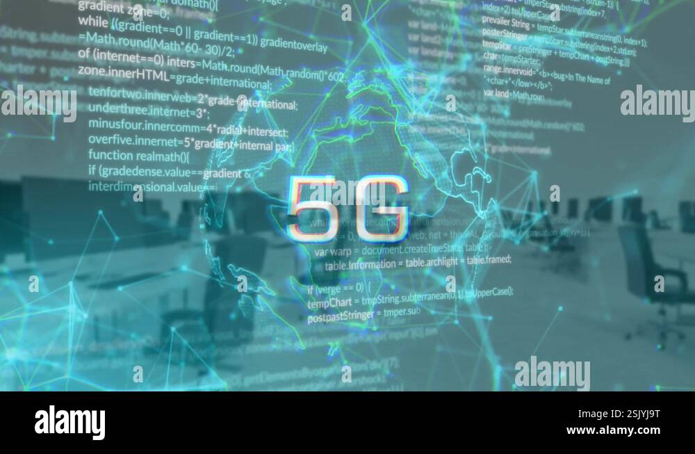 Animation of 5g text over globe, computer language and connected dots ...