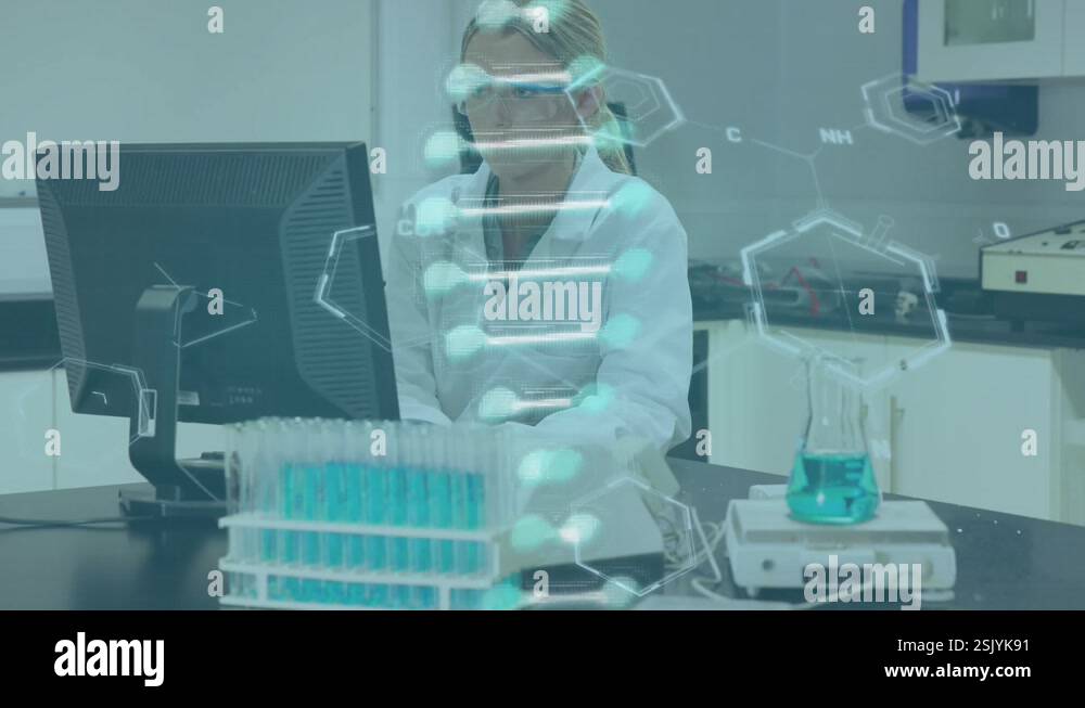 Animation of spinning dna and chemical structure over female scientist ...