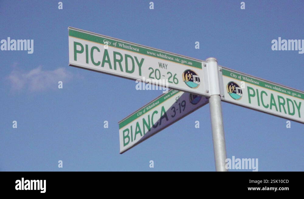 From a low angle, the camera focuses on the suburban street signage ...