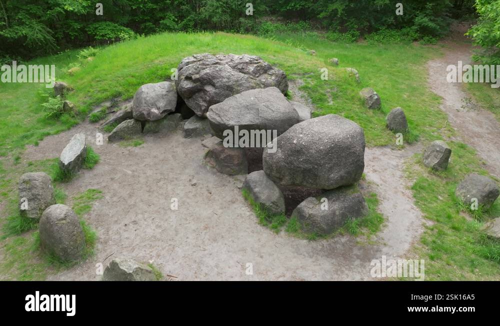 Hunebed D49, Dutch Historic Burial Chamber, Ascending Aerial to Top ...