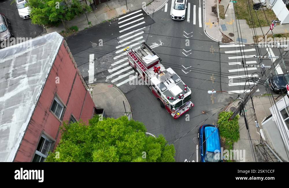 Aerial view of FDNY fire fighting vehicle on the residential ...