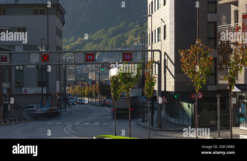 evening andorra la vella city center traffic street view 4k timelapse ...
