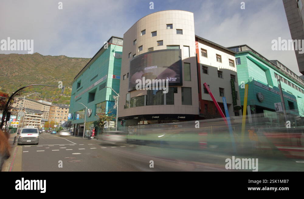 sunny day andorra la vella center traffic street panorama 4k timelapse ...