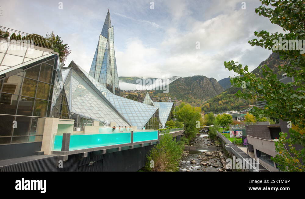 andorra la vella spa complex exterior riverside panorama 4k timelapse ...