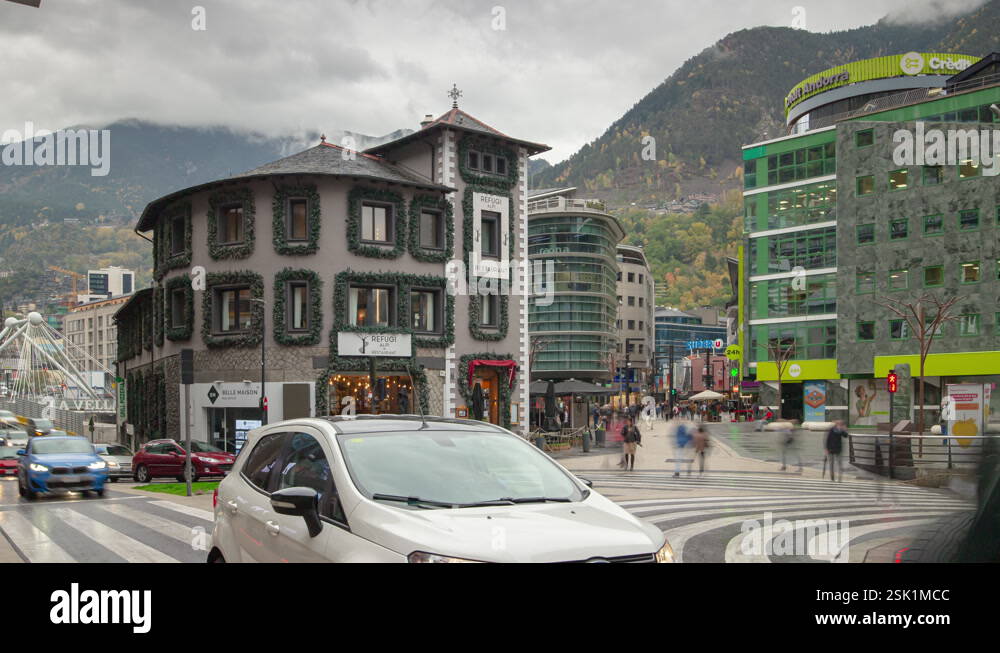 cloudy andorra la vella city center traffic street panorama 4k ...
