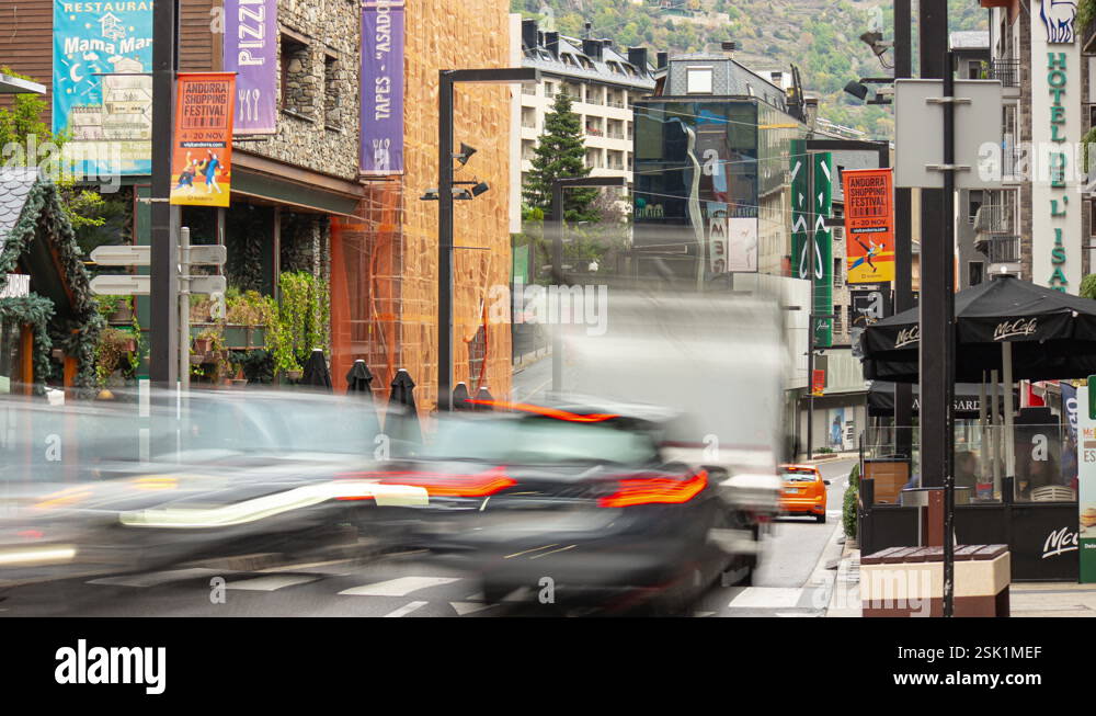 andorra la vella city center traffic street panorama 4k timelapse ...
