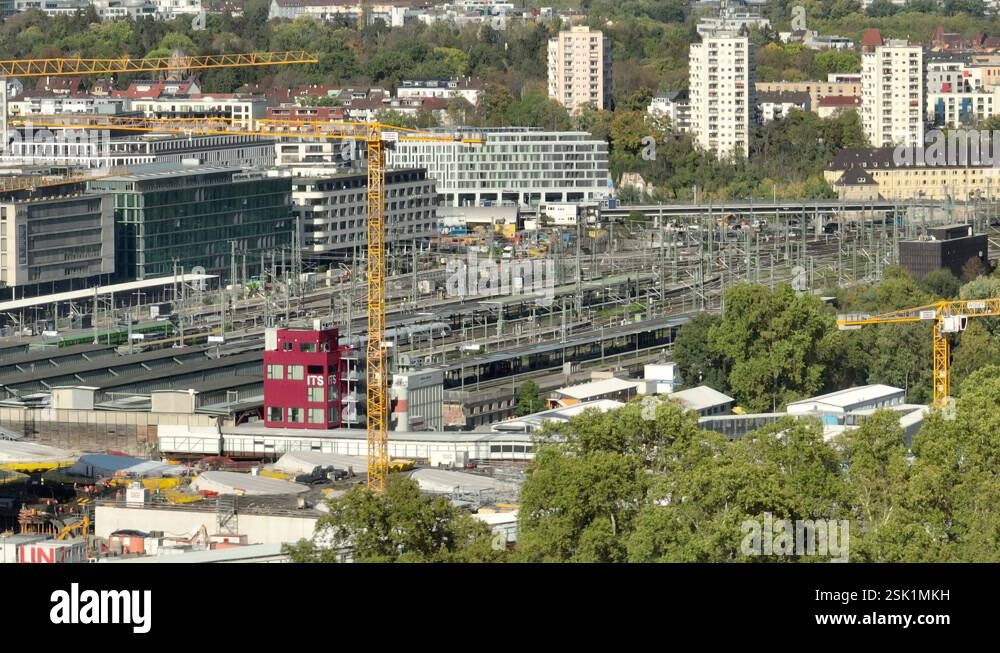stuttgart center train station square construction yard aerial view 4k ...