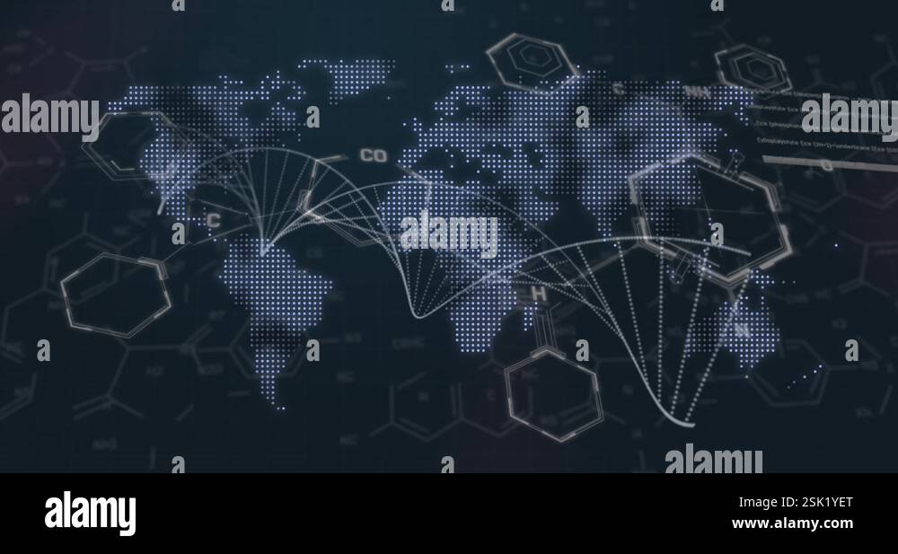 Animation of dna and chemical structures over world map against black ...