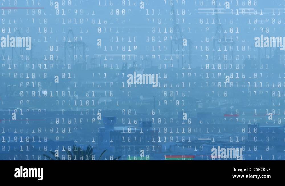 Animation of glitched looping binary codes over fog covered under construction m Stock Video ...