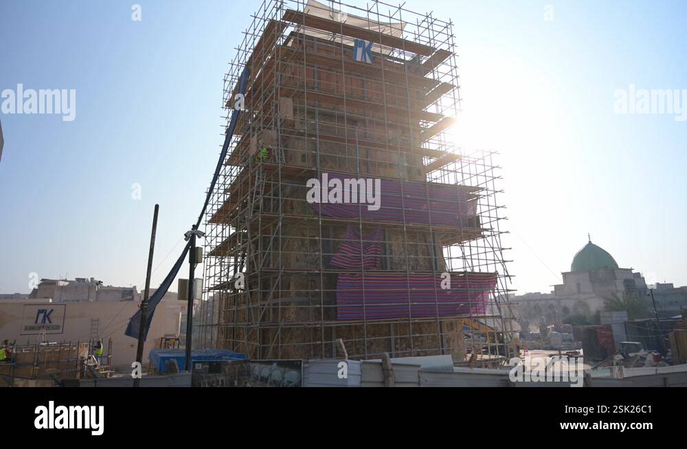 Scaffolding for reconstruction of leaning minaret of Great Mosque of ...