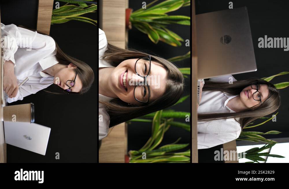 happy young woman use computer, surf the internet, view content, chat ...