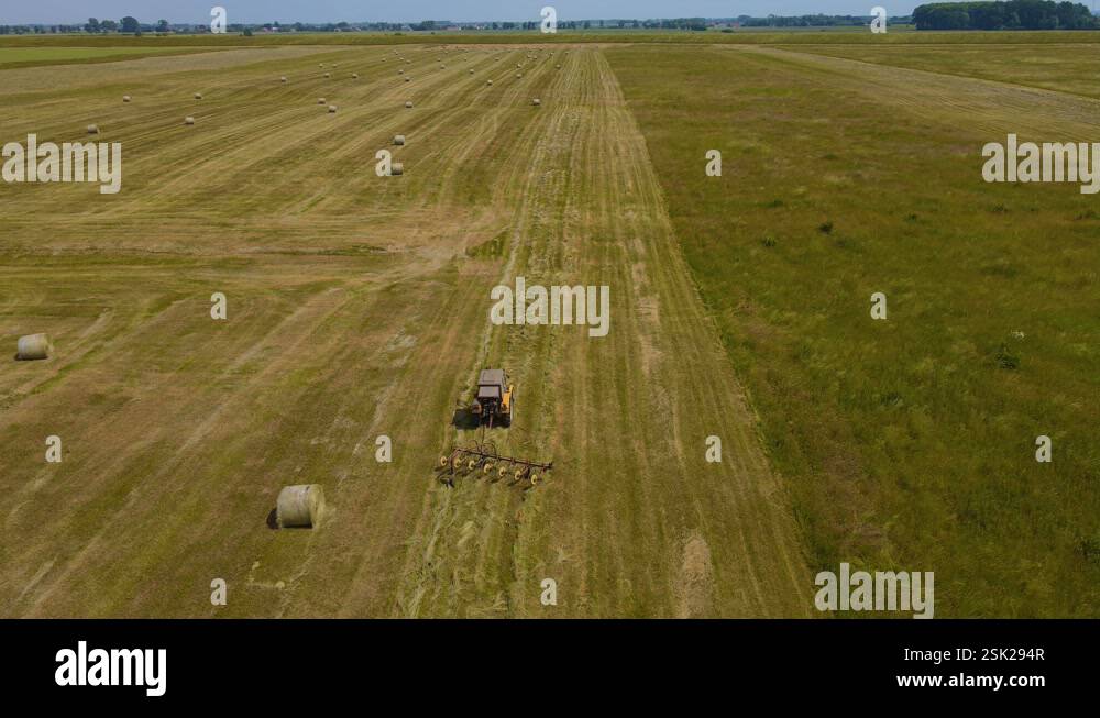 Tractor with trailer tedder speeds up drying of hay by moving harvested ...