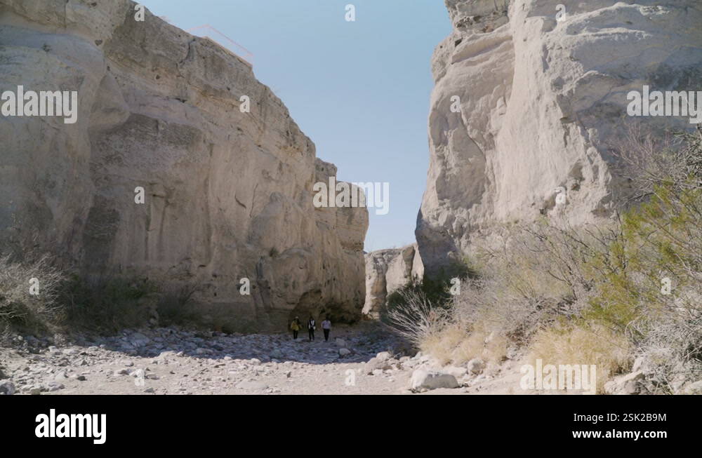 Hikers walk through dry riverbed of tuff canyon trail in big bend ...