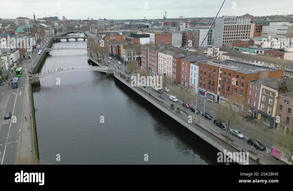 Birds Eye Aerial View of Ha'Penny Bridge and Liffey River. Dublin ...