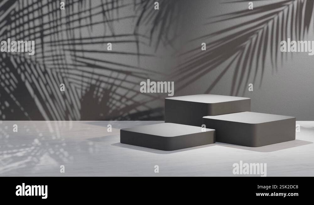 3d concept render of reflective countertop, foliage shadows backdrop ...
