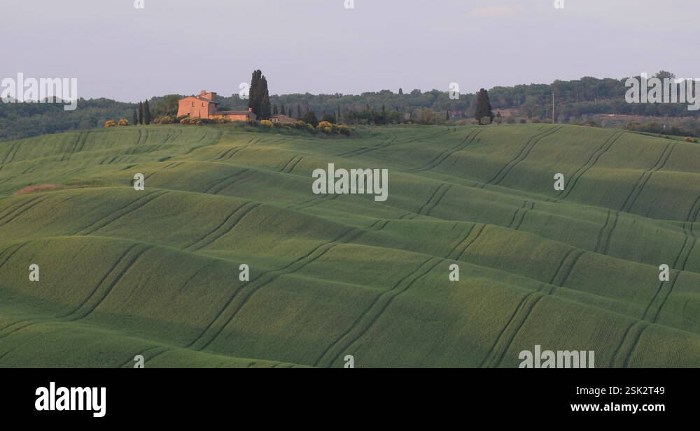 A lone farmhouse in the Val d'Orcia in Tuscany, Italy. Designated as a ...
