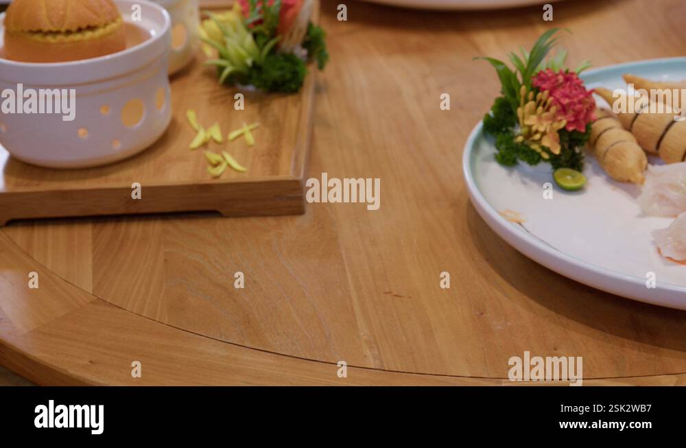 Chinese authentic fine dining dishes on a rotating round table Stock ...