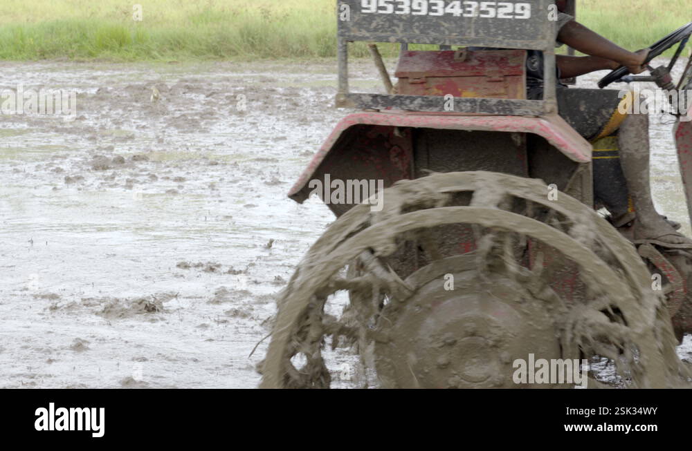 Indian farmers tractor working on the rice paddy fields in kerala south ...
