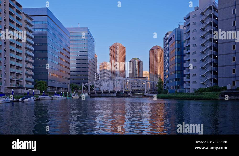 Evening Tokyo, Tsukuda, Toyosu skyscrapers and bridge the Sumida River ...
