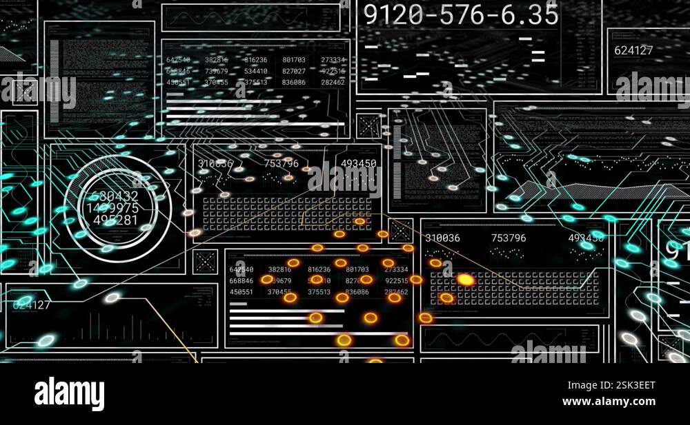 Animation of changing numbers, loading bars, squares and circles over circuit Stock Video ...