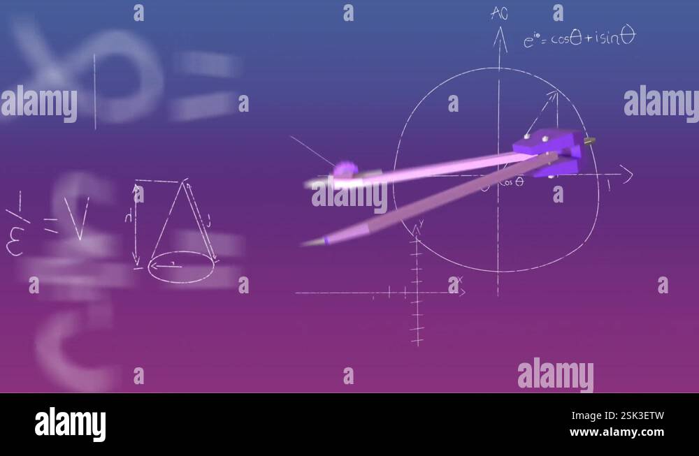Animation of compass and mathematical formulae over purple background ...
