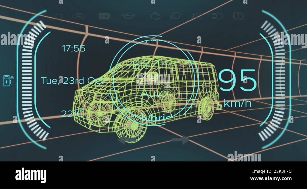 Animation of speedometer with texts, changing numbers over 3d model of ...