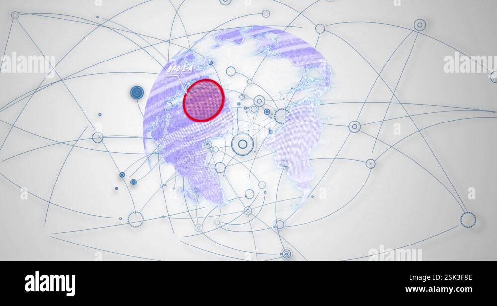 Animation of connected circle over red circle on globe against white ...
