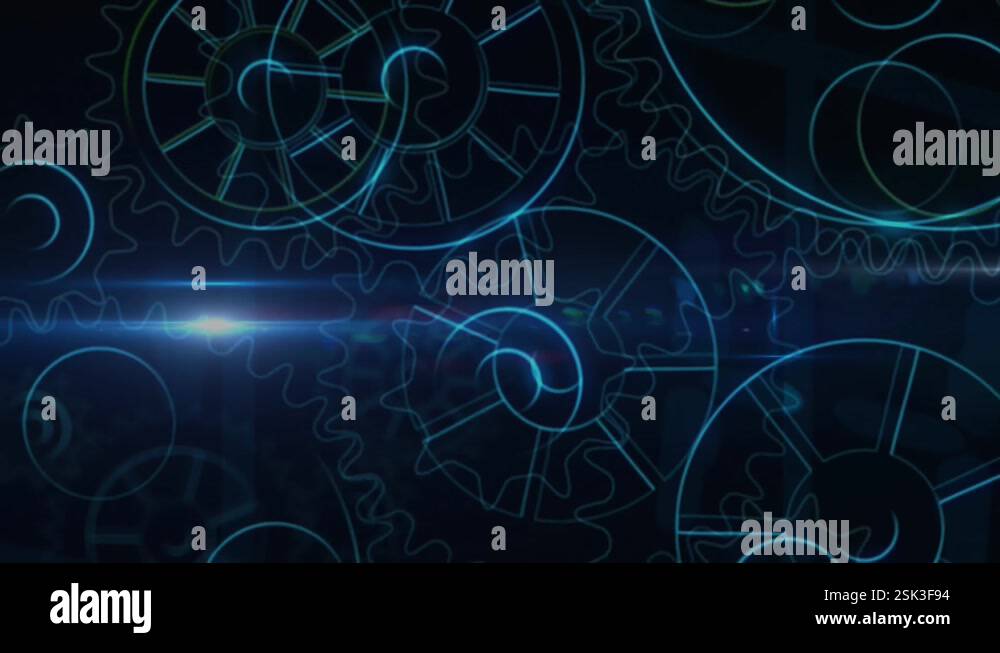 Animation of moving mechanical gears over lens flares against black ...