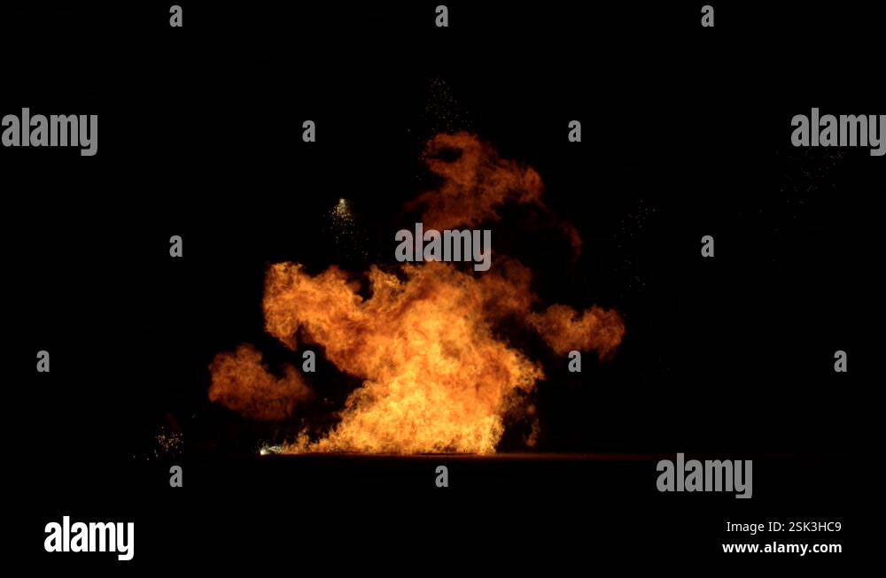 Big fire explosion ground sparks from the bottom of the screen, black ...