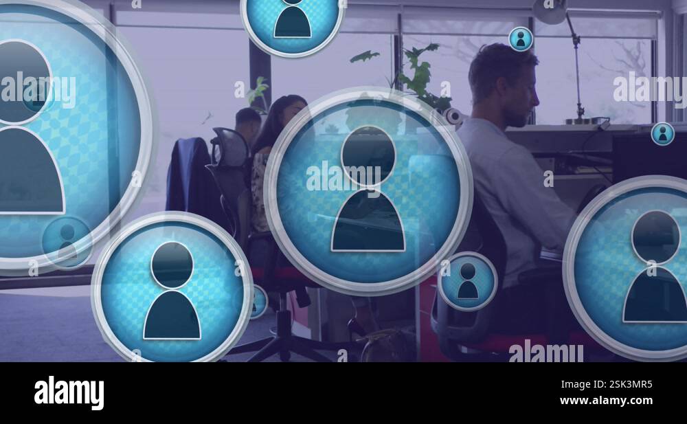 Animation of multiple profile icons floating against diverse people ...