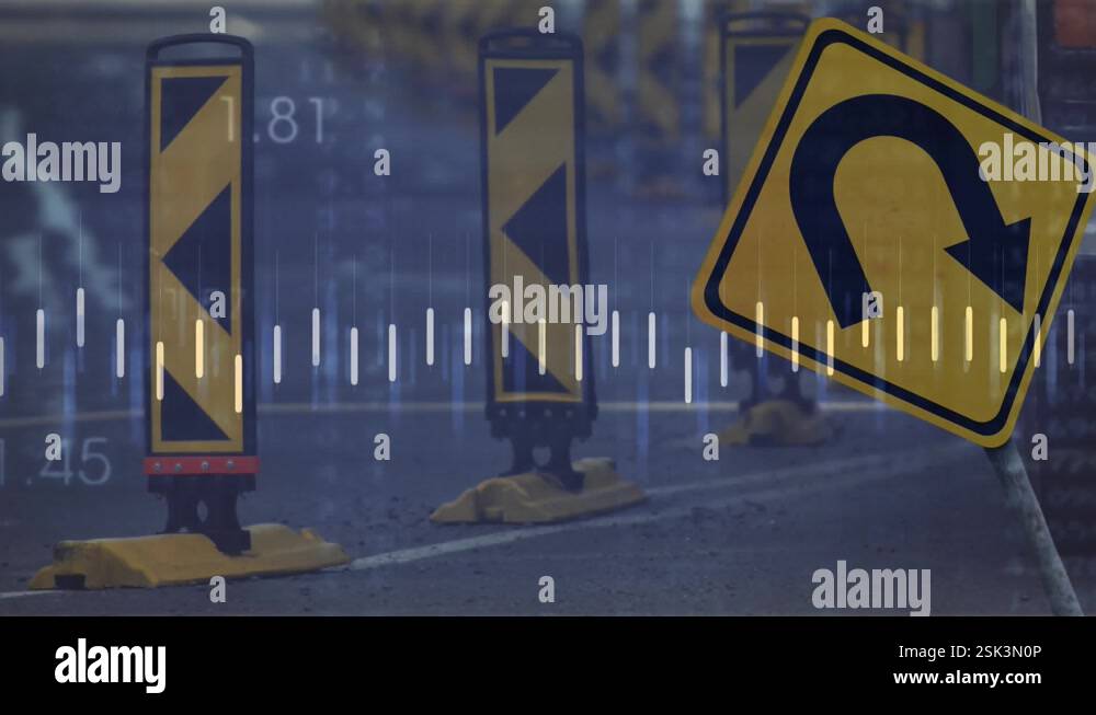 Animation of data processing against u-turn signboard and low secton of ...