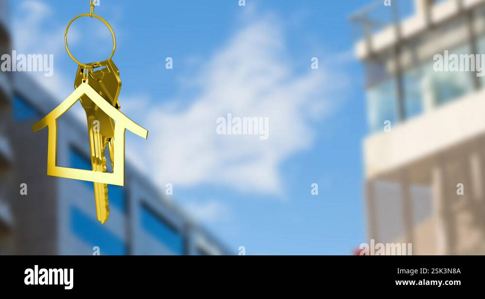 Animation of golden house keys against blurred view of tall buildings ...