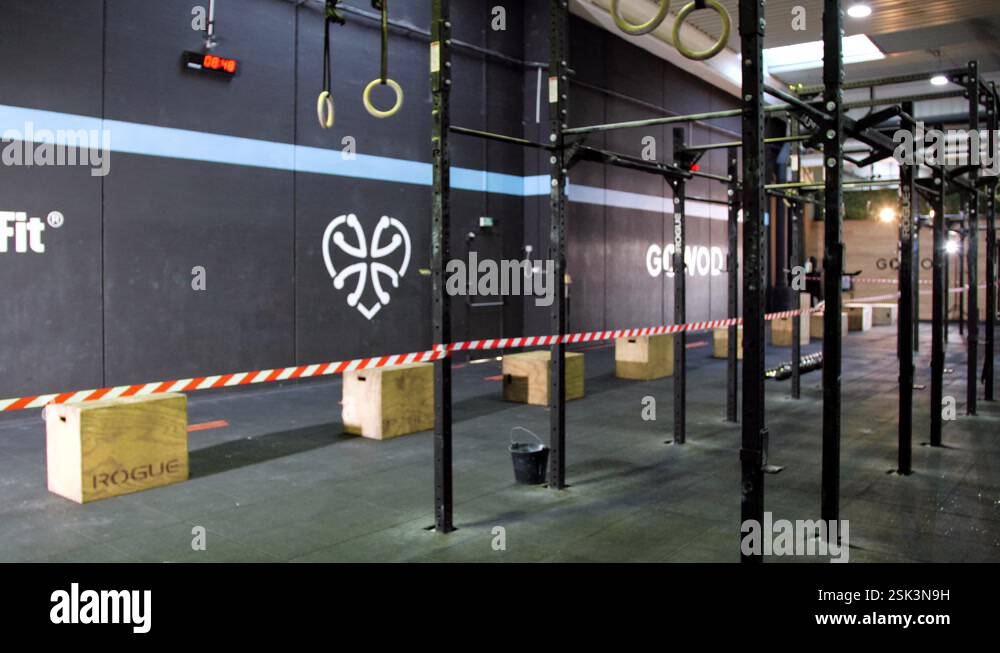 CrossFit Arena Set for Competition: Pull-Up Bars, Rings, Jump Box, and ...