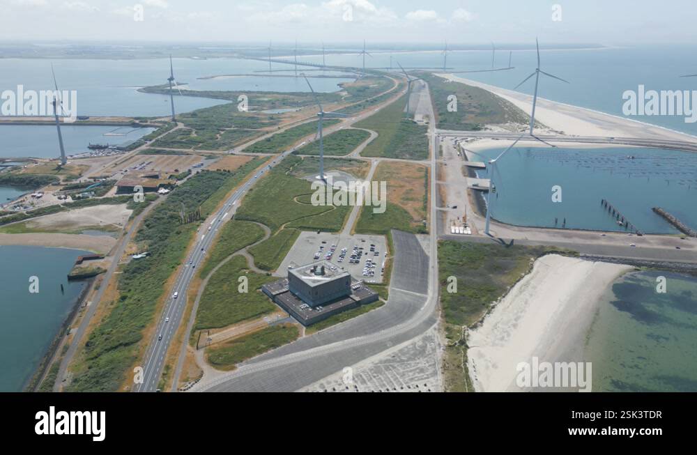 Dutch storm surge barrier with wind turbines, Delta Park Neeltje Jans ...
